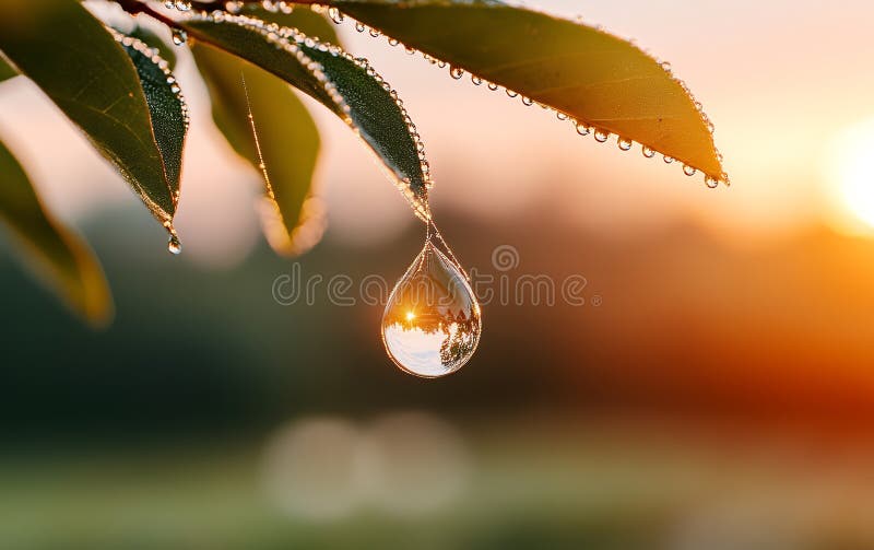 Dew Drop Reflecting Sunrise on Leaf with Sparkling Water Drops Stock ...