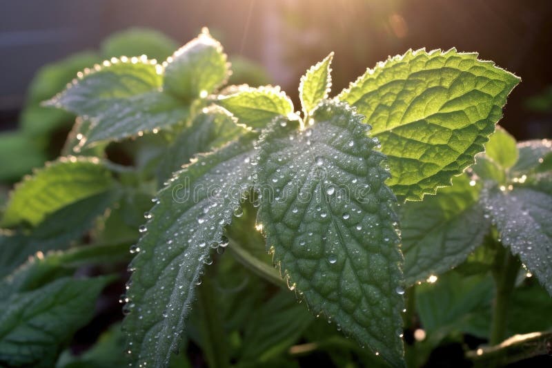 Dew Drops on Mint Leaves in Early Morning Light Stock Illustration ...