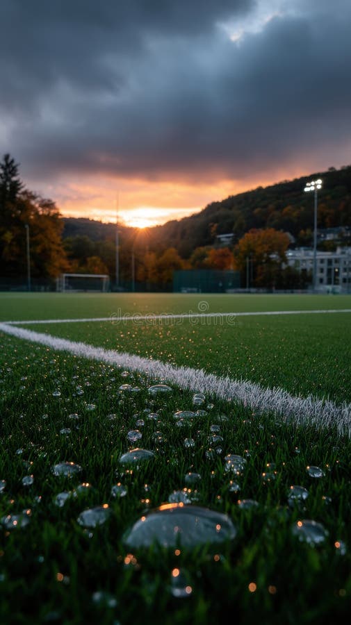 Dew Drops on Soccer Field Grass at Sunrise with Clouds and Fall Foliage ...