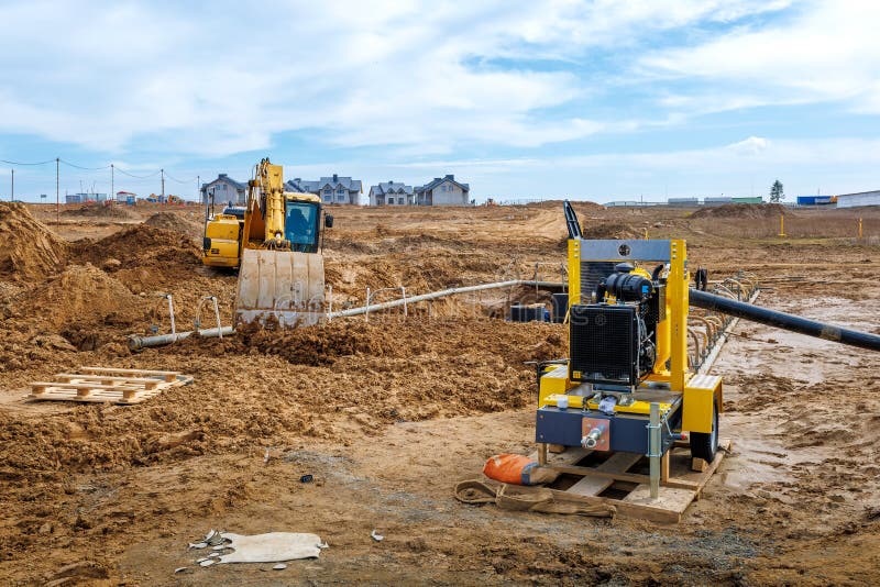 Dewatering Works. Pump for Pumping Water Outdoors Stock Image - Image ...