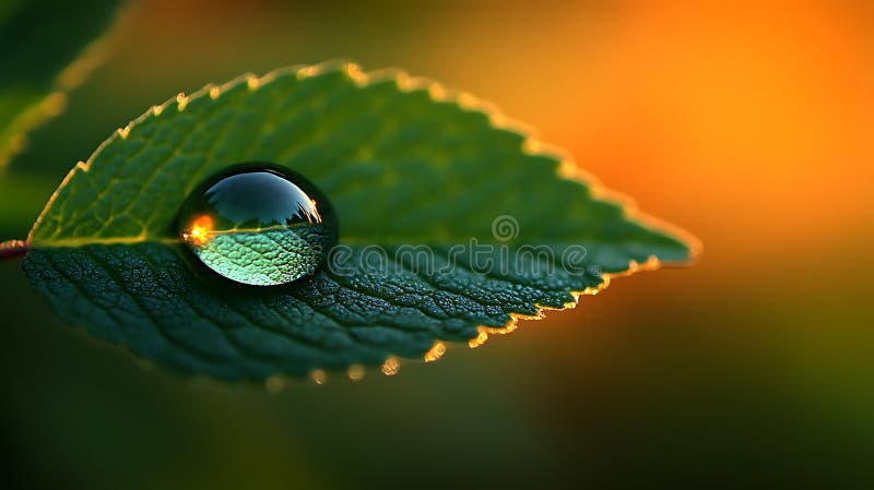 Dewdrop Reflecting Sunrise on a Green Leaf Stock Photo - Image of flora ...