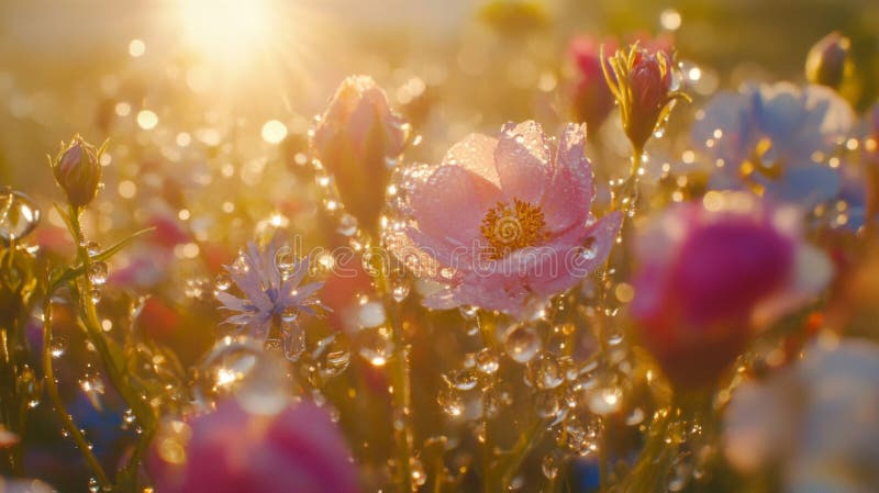 Dewdrops Gleam on Sunrise Flowers in a Field Stock Illustration ...