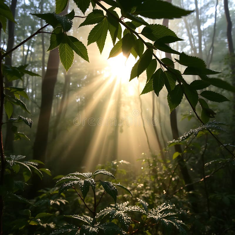 Dewy Forest Leaves with Sunlight in Mist Stock Illustration ...