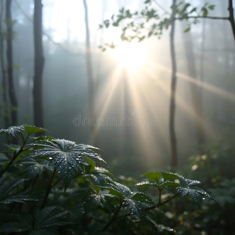 Dewy Forest Leaves with Sunlight in Mist Stock Illustration ...