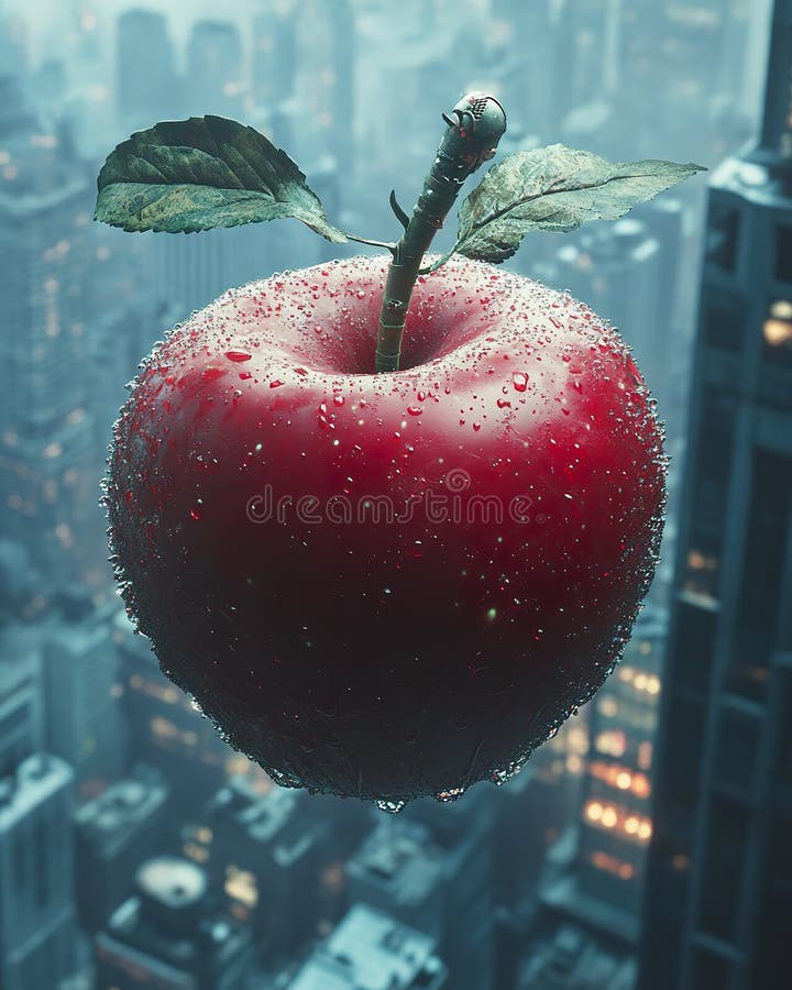 A Dewy Red Apple Above a Cityscape Stock Photo - Image of cityscape ...