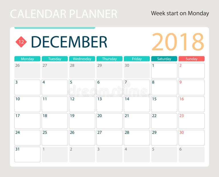 Dezember 2018 Beginnen Illustrationsvektorkalender Oder ...