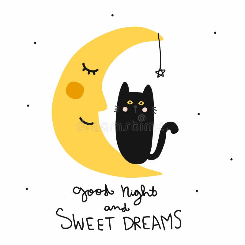 Good Night and Sweet Dreams Black Cat and Half Moon Smile Cartoon ...