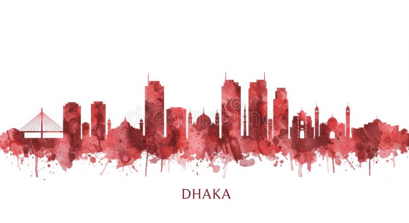Dhaka Skyline Silhouette with Red Watercolor Splatter on White ...