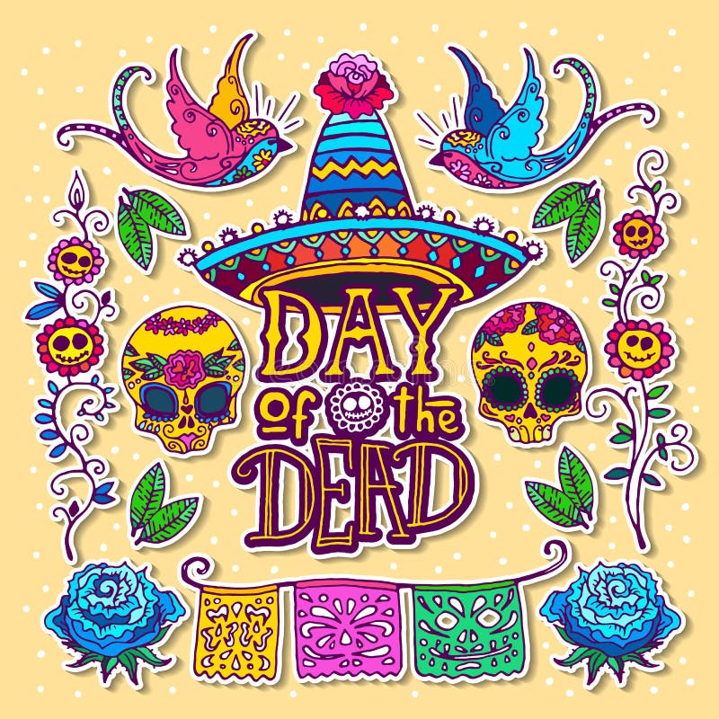 Day of the Dead Hand Sketched Doodles Stock Illustration - Illustration ...