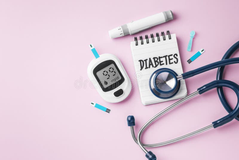 Diabetes Concept with Glucometer, Lancet and Stethoscope on Pink ...