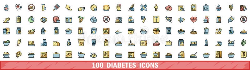 100 Diabetes Icons Set, Color Line Style Stock Vector - Illustration of ...