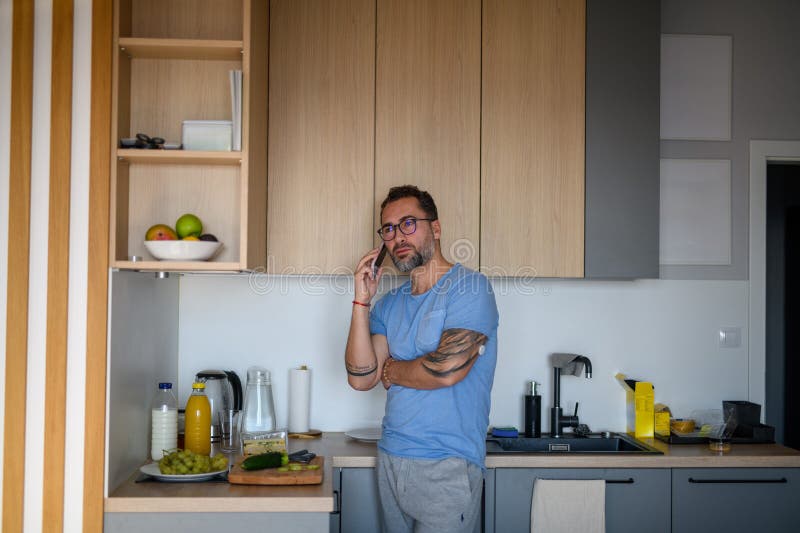 Diabetic Man with CGM Sensor Making Phone Call. Stock Image - Image of ...