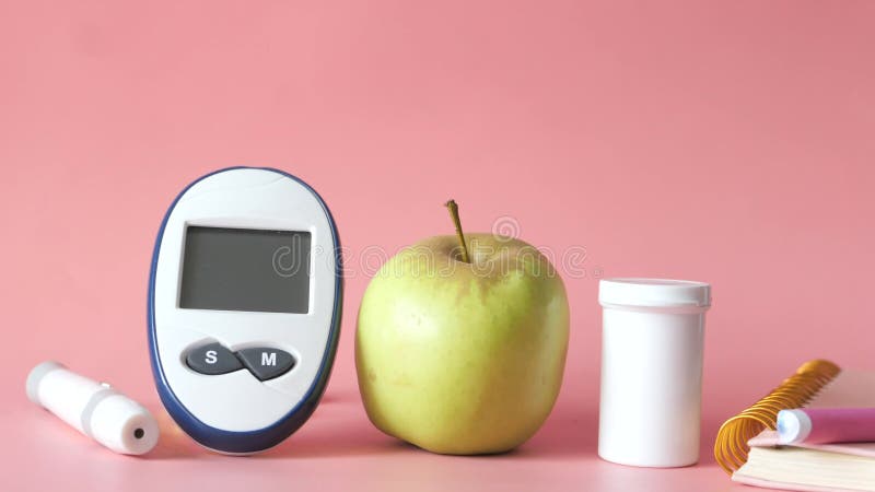 Diabetic Measurement Tools, Apple on Pink Background Stock Video ...