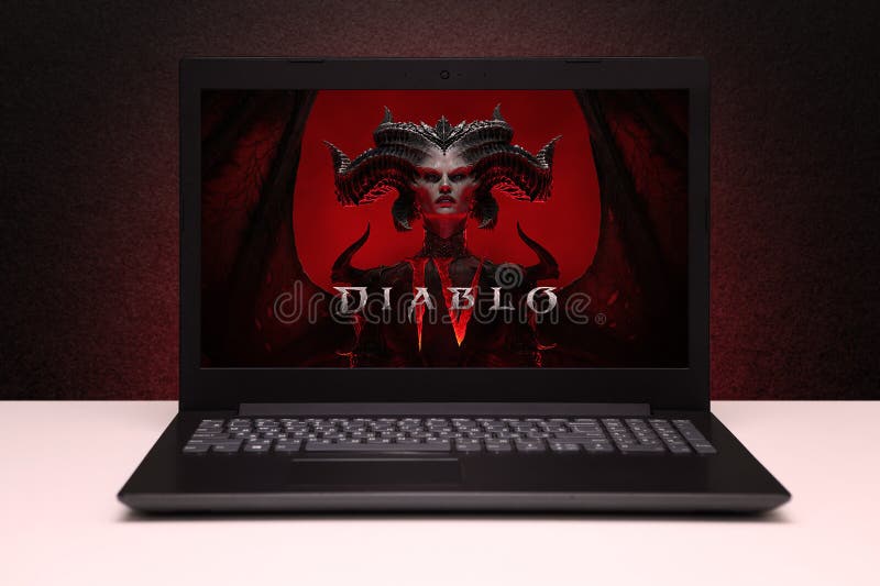 Diablo 4 Game on the Screen Laptop Computer on Black Textured Wall with ...
