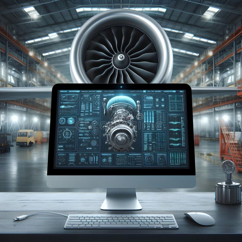 Diagnosing an Engine Turbine Using a Laptop Against the Background of a ...