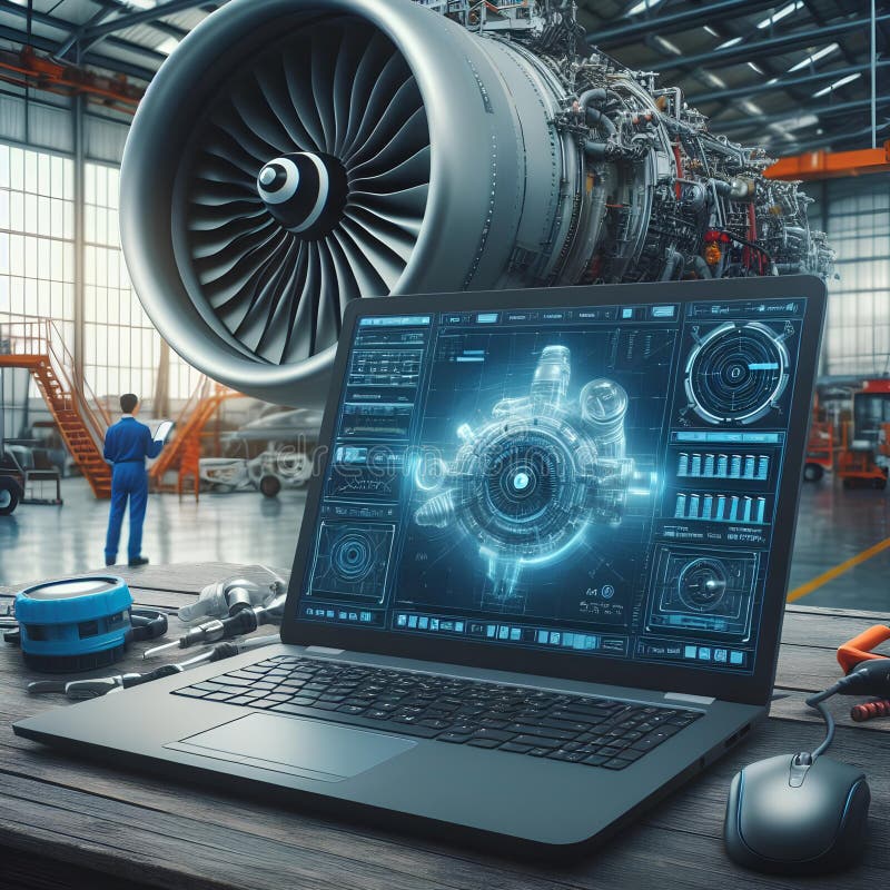 Diagnosing an Engine Turbine Using a Laptop Against the Background of a ...
