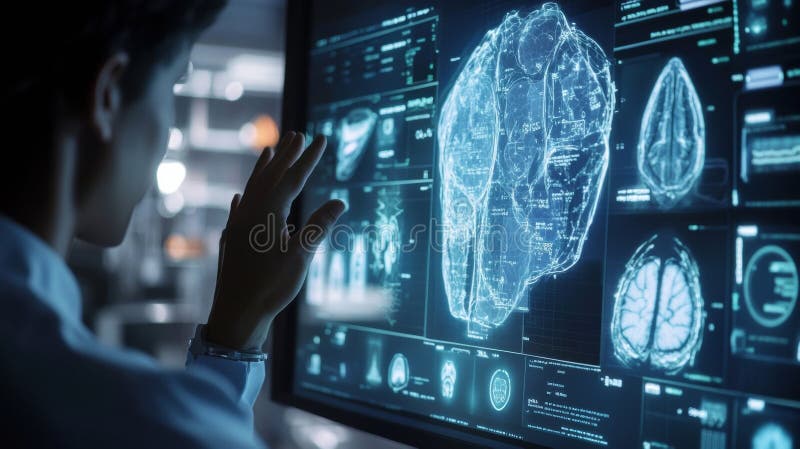 Diagnostic Medical Data Displayed on a Screen with Brain Scans Being ...