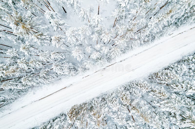 Diagonal from the Road in the Winter Forest Top View. Snow-covered ...