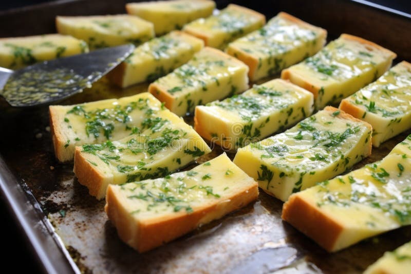 Diagonal Shot of Bread Slices Basting with Garlic Herb Butter Stock ...