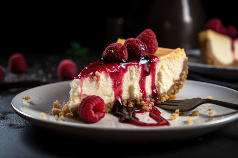 Diagonal Slice of Cheesecake, with Drizzle of Raspberry Sauce and ...