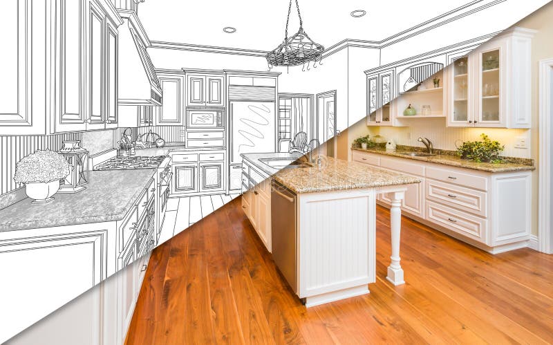 Diagonal Split Screen of Drawing and Photo of New Kitchen Stock Photo ...
