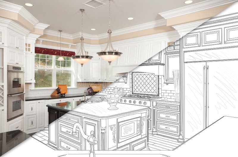 Diagonal Split Screen of Drawing and Photo of New Kitchen Stock Photo ...