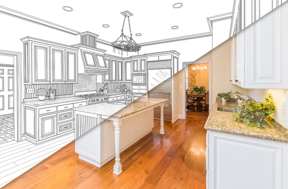 Diagonal Split Screen of Drawing and Photo of New Kitchen Stock Photo ...