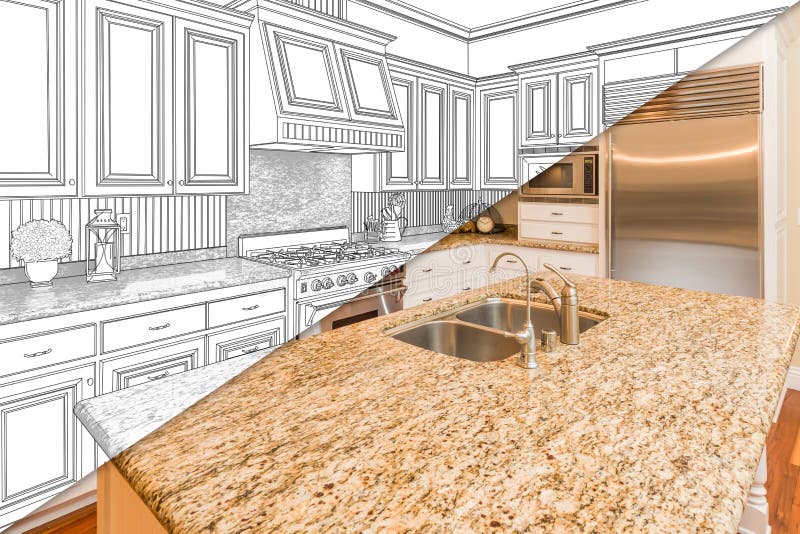 Diagonal Split Screen of Drawing and Photo of New Kitchen Stock ...