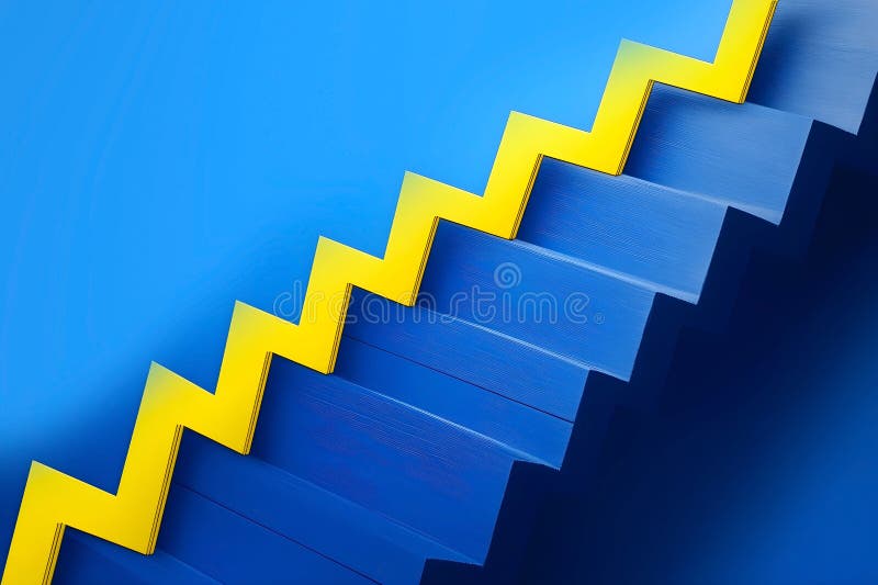 Diagonal Staircase with Bright Yellow Edges Against a Blue Background ...