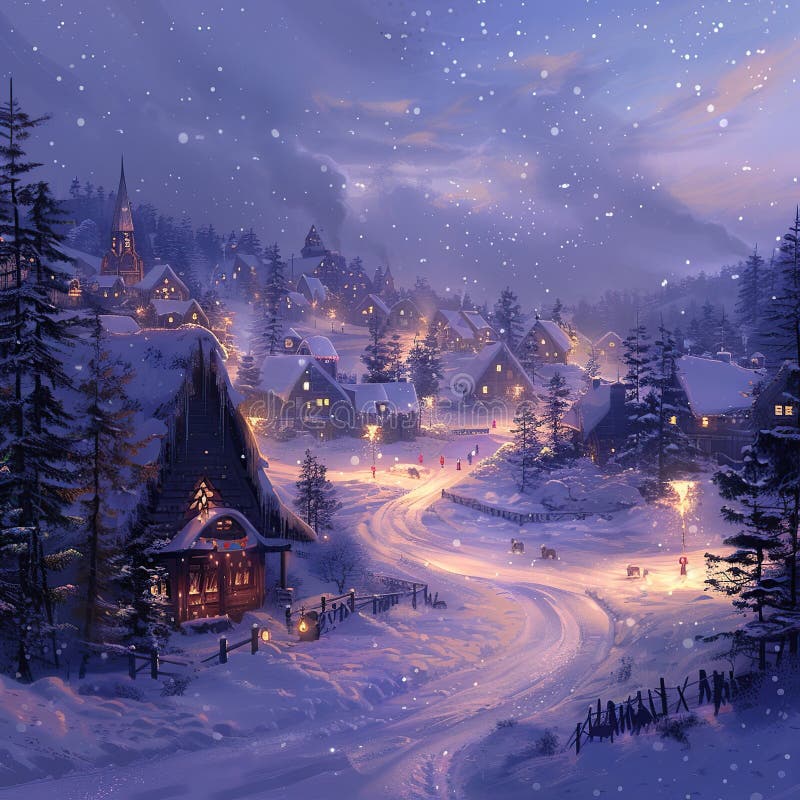 Diagonal View of Winter Solstice Lights in a Snowy Village Stock ...