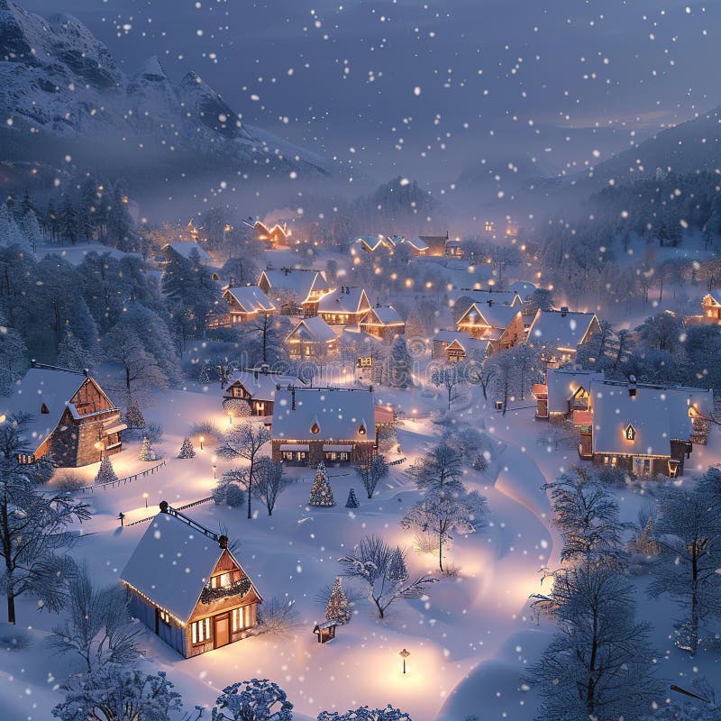 Diagonal View of Winter Solstice Lights in a Snowy Village Stock ...