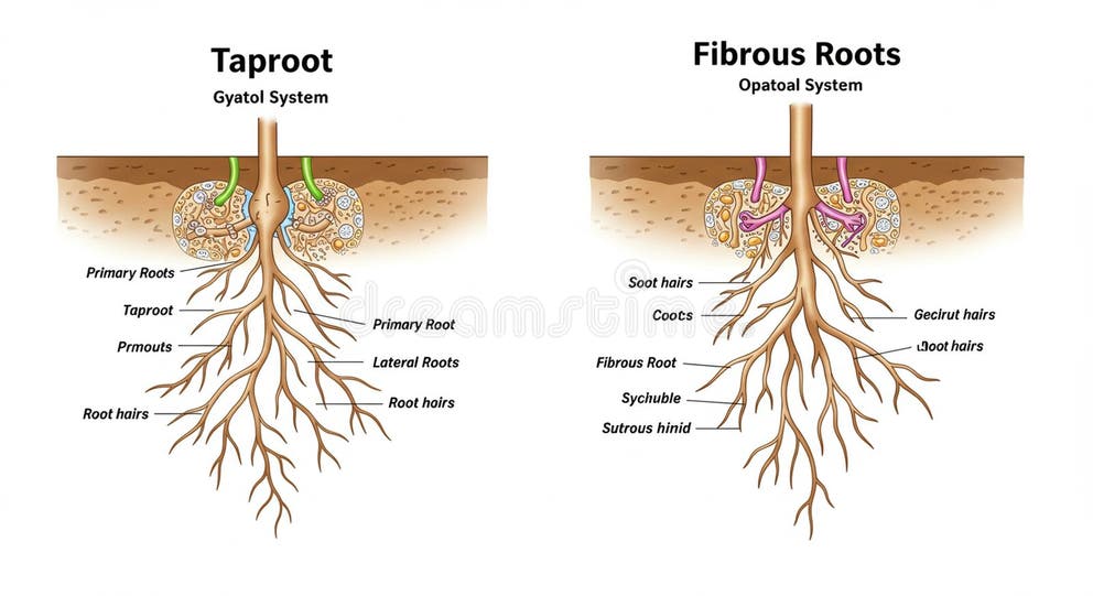 Diagram Comparing Taproot and Fibrous Root Systems. on the Left, the ...