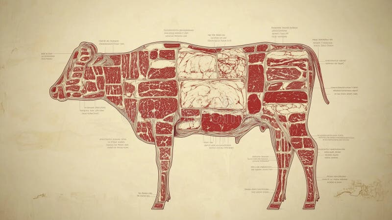 Diagram of Cow Meat Cuts with Labels and Sections Stock Photo - Image ...