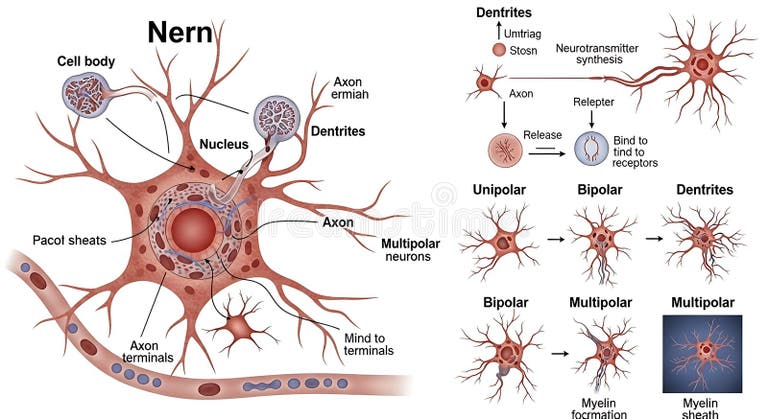 A Diagram Depicting Various Types of Neurons and Their Components Stock ...