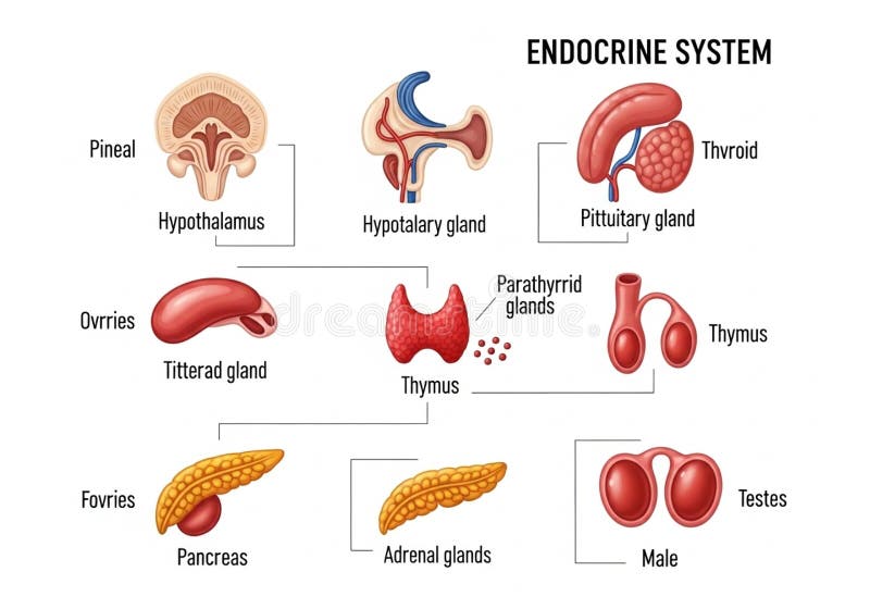 Diagram of the Endocrine System Featuring Labeled Glands and Stock ...