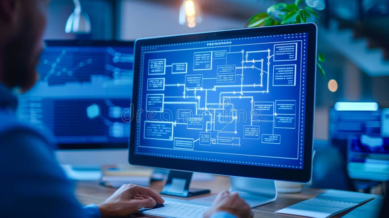 Diagram Flowchart on Screen of Laptop on Table in Modern Office Stock ...