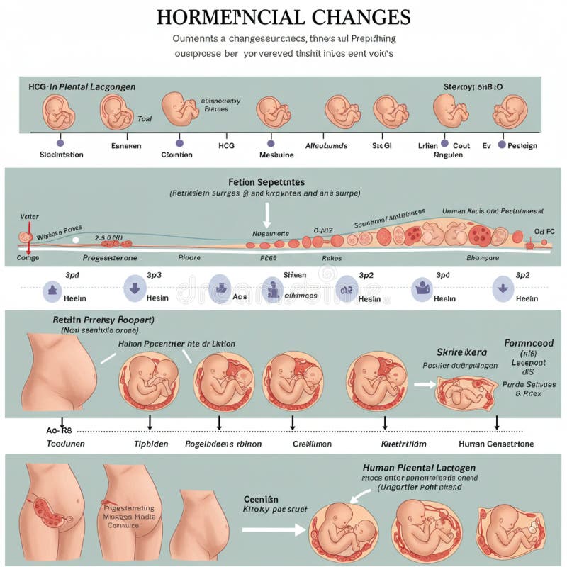 Diagram Illustrating Fetal Development Stages and Hormonal Changes during Pregnancy. Features ...