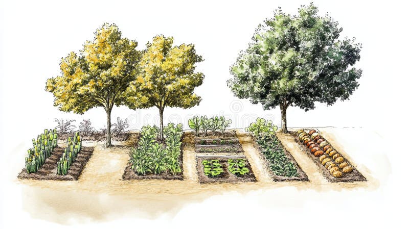 Diagram of Tree Planting in between Vegetable Beds. Stock Image - Image ...