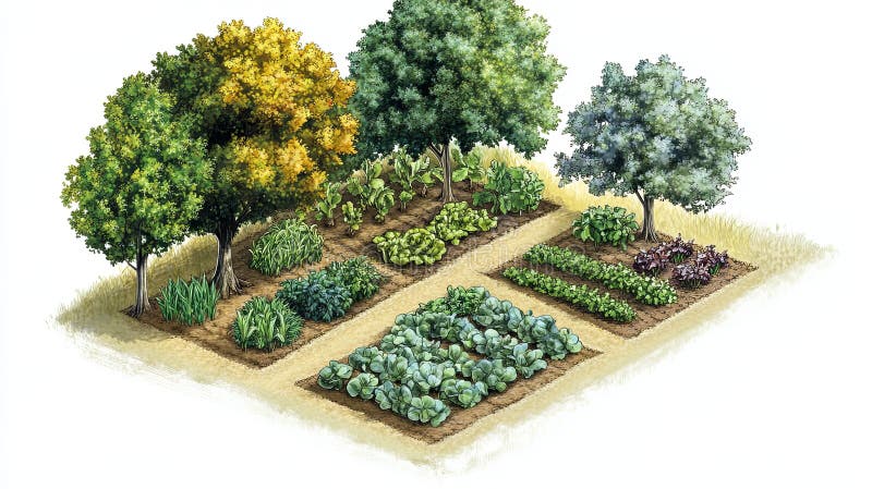Diagram of Tree Planting in between Vegetable Beds. Stock Image - Image ...