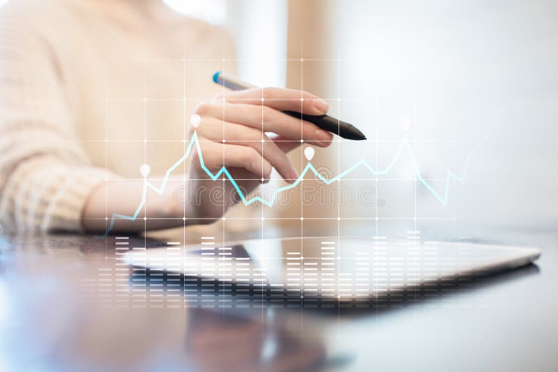 Diagrams and Graphs on Virtual Screen. Business Strategy, Data Analysis Technology and Financial ...