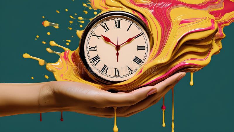 Conceptual Collage Drawing: an Abstract Watch in a Hand, Melting and ...