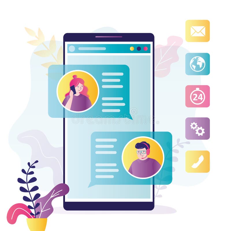 Dialogue between Client and Operator on Smartphone Screen. Girl Asks ...