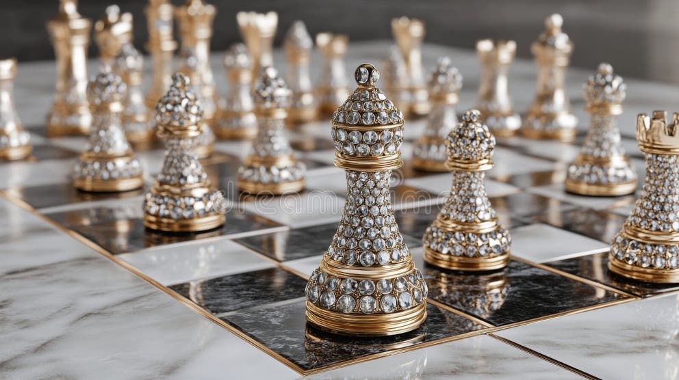 Diamond Encrusted Chess Pieces on Marble Board Stock Illustration ...