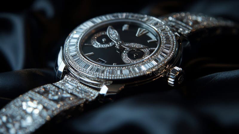 Diamond-Encrusted Luxury Watch on Black Fabric Stock Illustration ...