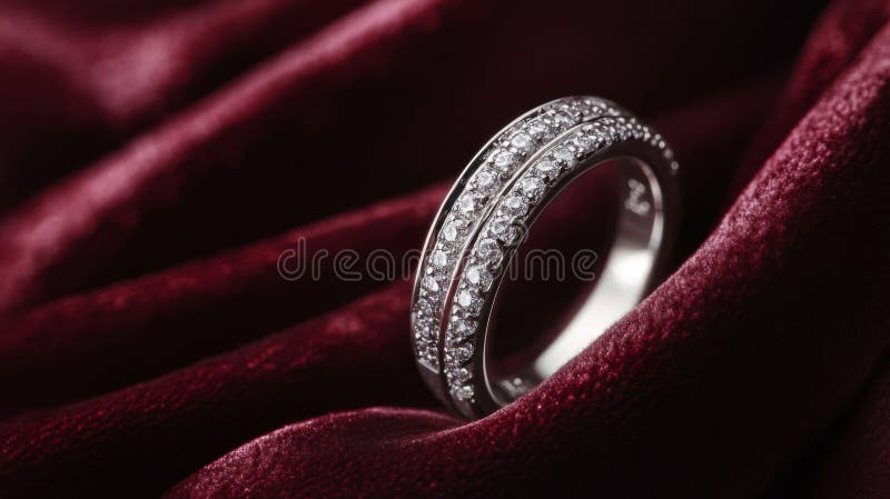 Diamond-Encrusted Wedding Band on Red Velvet Fabric Stock Illustration ...