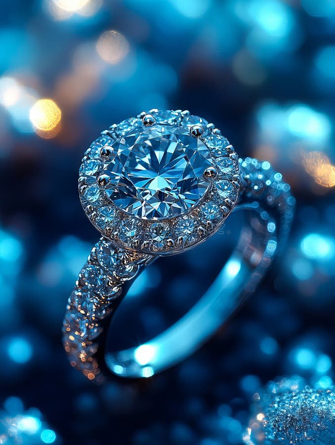 A Diamond Engagement Ring on a Blue Background Stock Photo - Image of ...