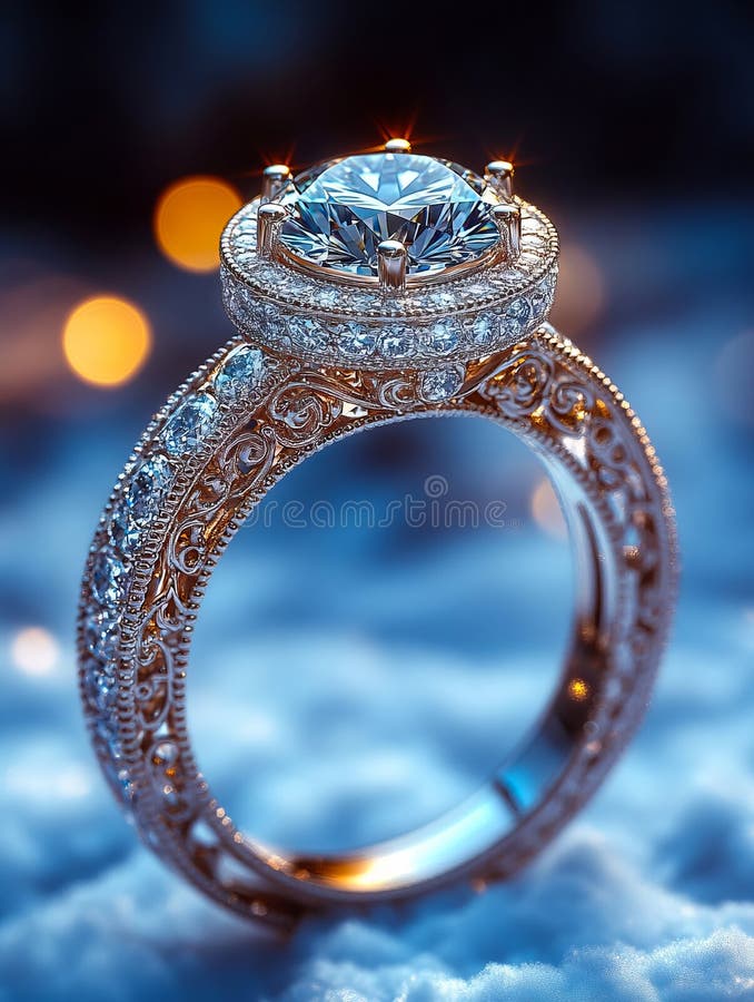 A Diamond Engagement Ring Sitting on Top of Snow Covered Ground Stock ...