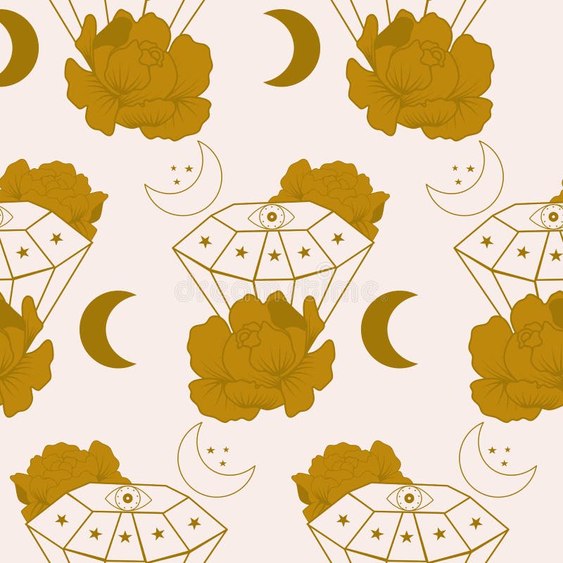 Diamond Gem, Golden Flowers and Celestial Elements in a Seamless ...