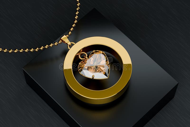 Diamond Heart Pendant in Gold Circle - 3D Illustration Render Stock ...
