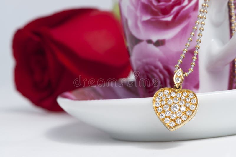 Diamond Heart Shape Pendant and Red Rose Stock Image - Image of love ...